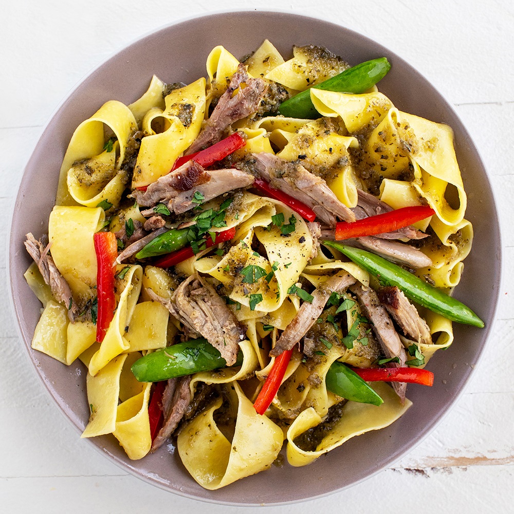 Duck Pasta with Snap Peas and Sweet Peppers | Basics